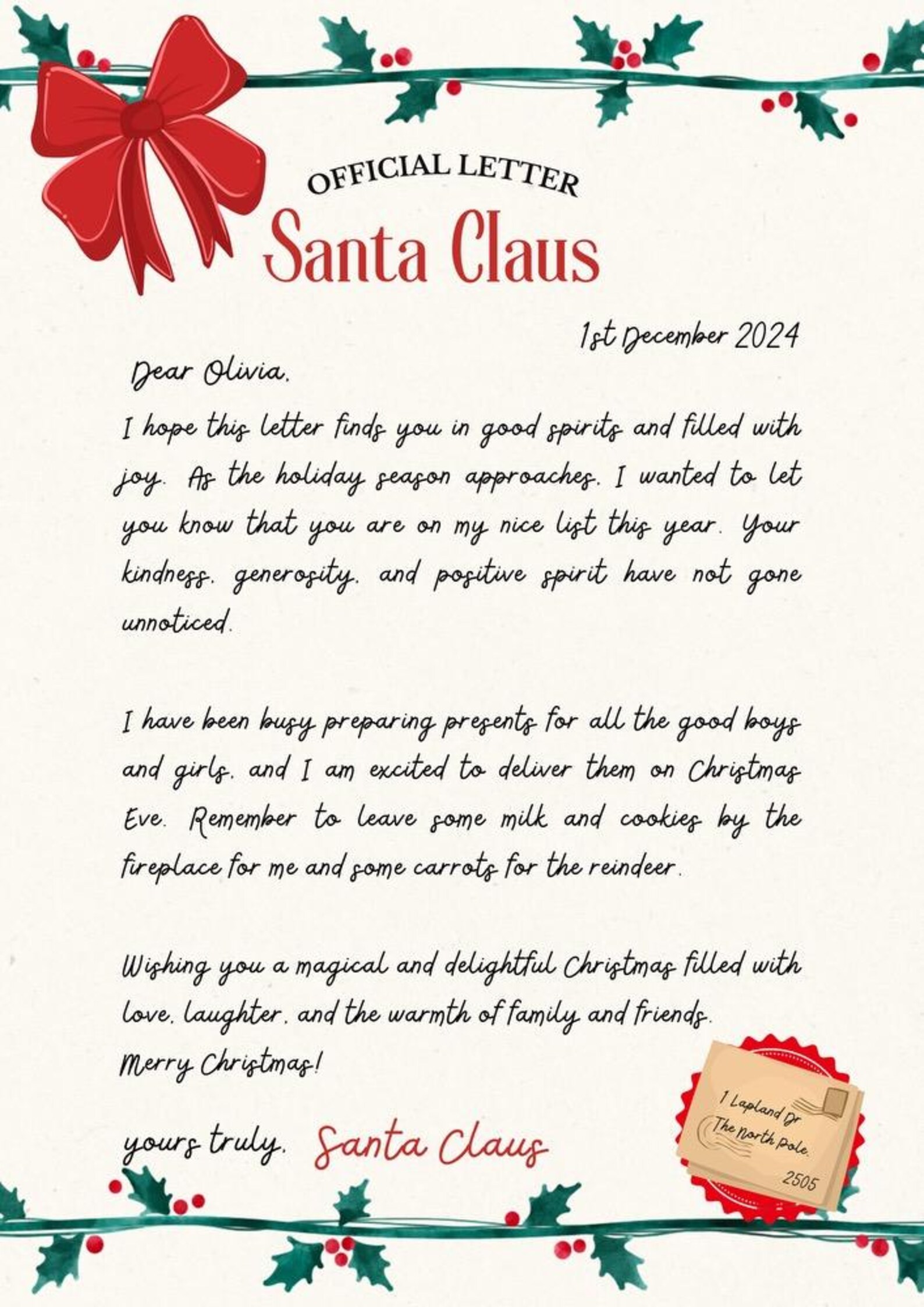 EDITABLE Letter From Santa Template Personalised Christmas Letter for ...