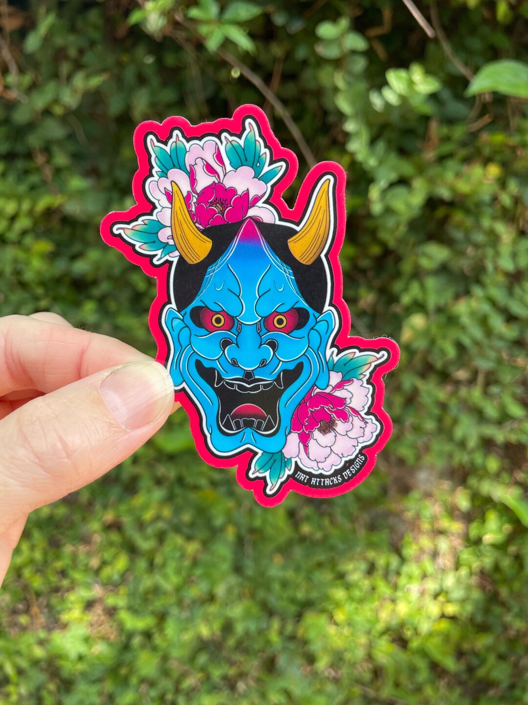 Hannya Mask Japanese Sticker, Hand Drawn, Waterproof, Water Bottle ...