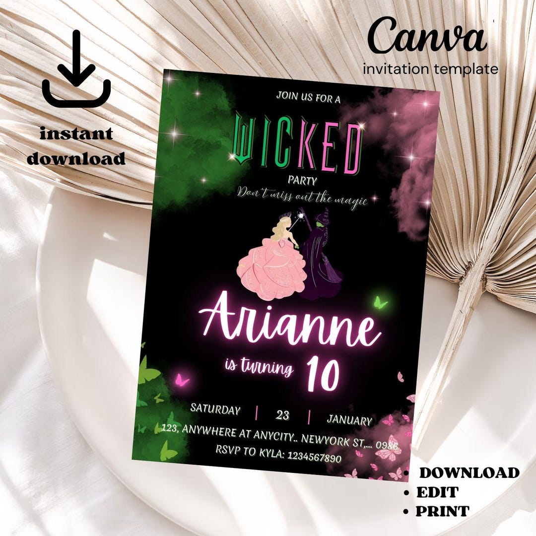 Wicked Birthday Party Invitation: Elphaba & Glinda Theme (canva ...