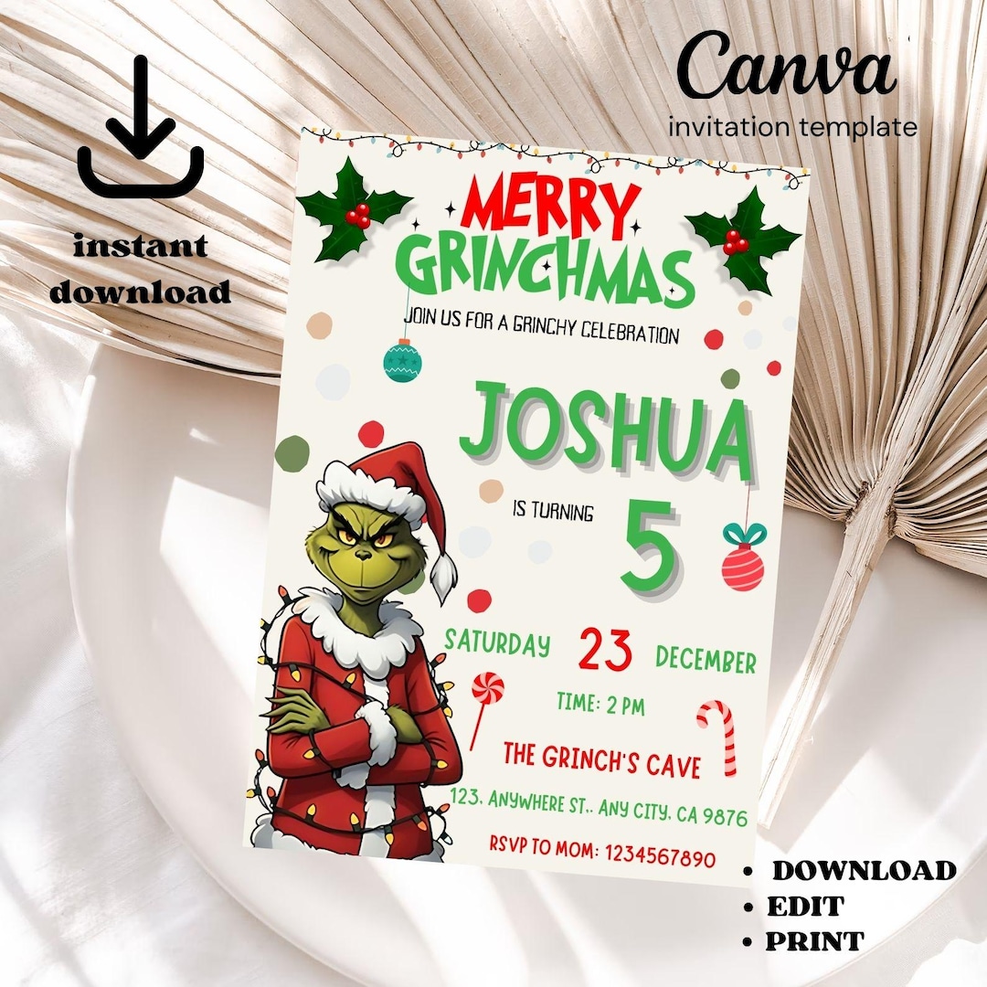 Merry Grinchmas Party Invitation, Editable Winter Invite, Printable ...