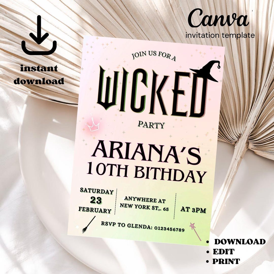 Wicked Birthday Party Invitation: Elphaba & Glinda Theme (canva ...