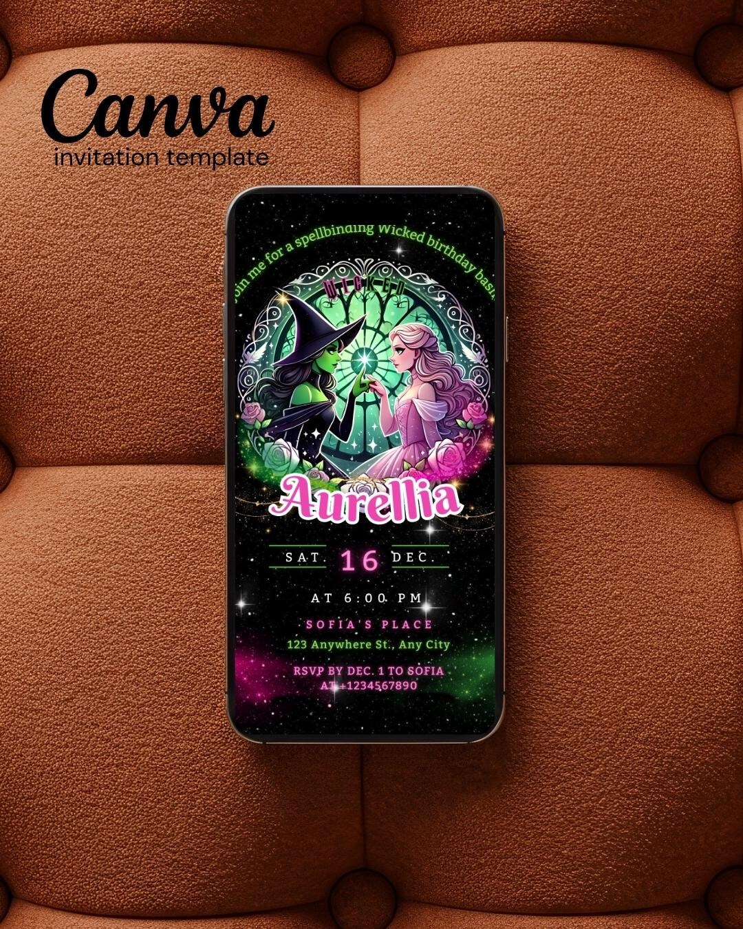 Wicked Birthday Electronic Invitation, Elphaba Glinda, Canva Template ...