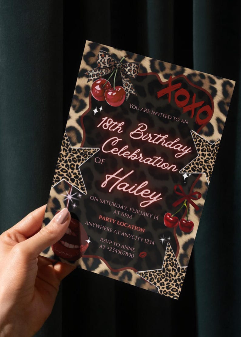 Cheetah Print Birthday Invitation, Coquette Bow, Editable Canva ...