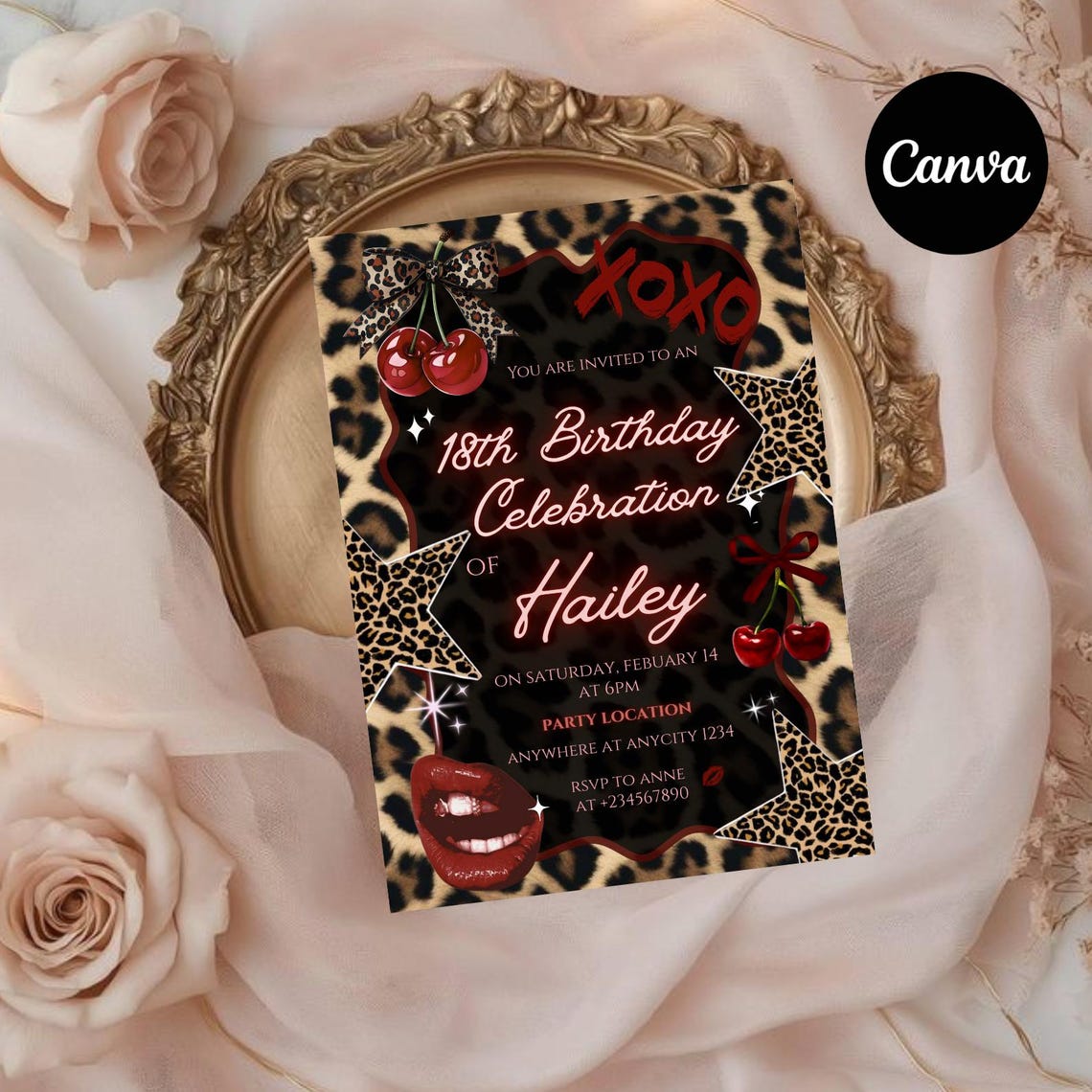 Cheetah Print Birthday Invitation, Coquette Bow, Editable Canva ...