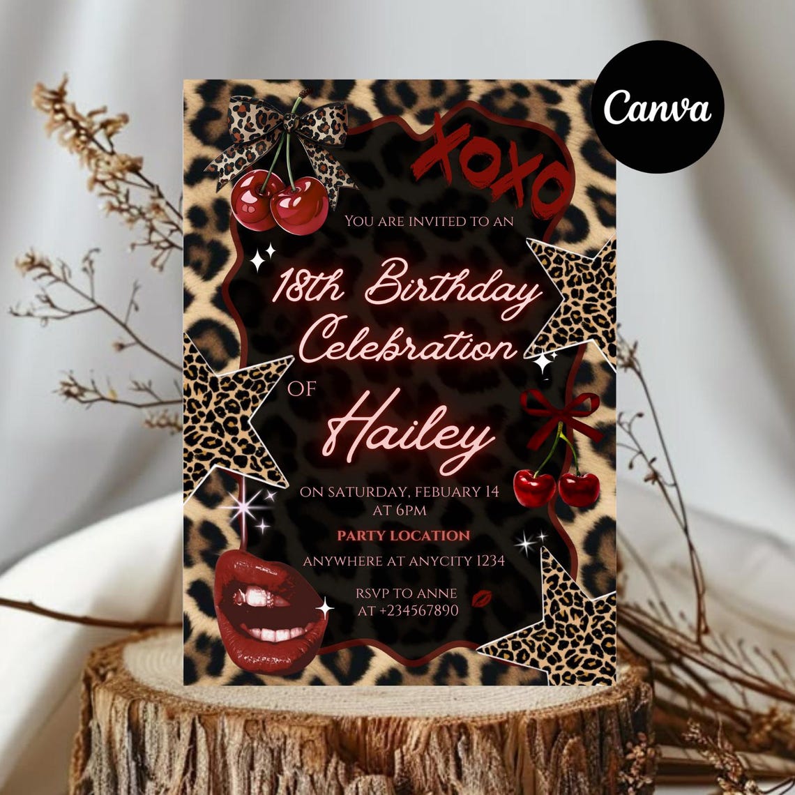 Cheetah Print Birthday Invitation, Coquette Bow, Editable Canva ...