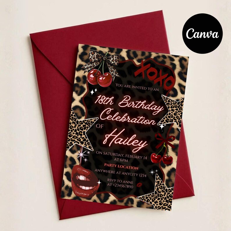 Cheetah Print Birthday Invitation, Coquette Bow, Editable Canva ...