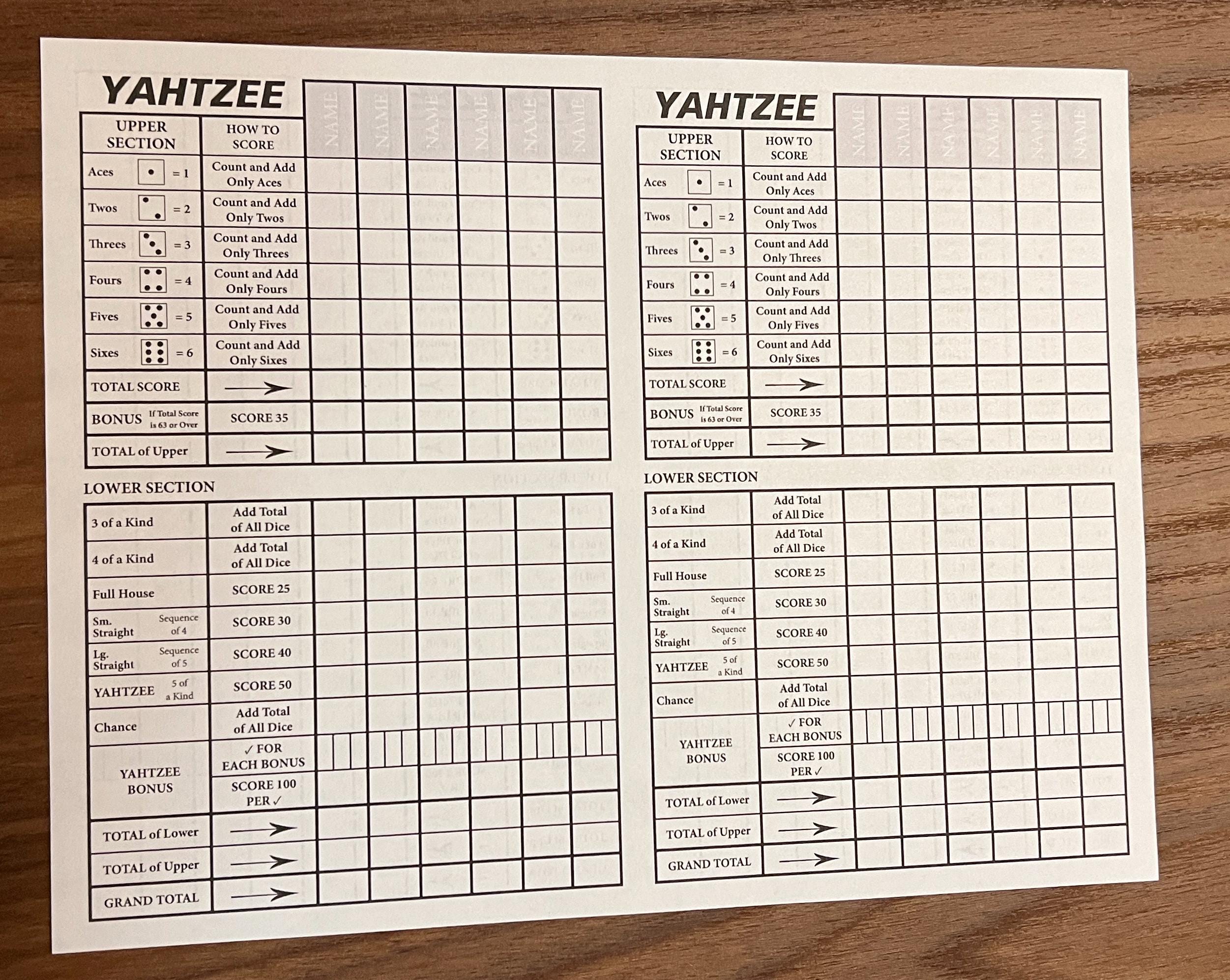 Yahtzee Score Sheet, Printable Game Tracker (PDF) - Etsy