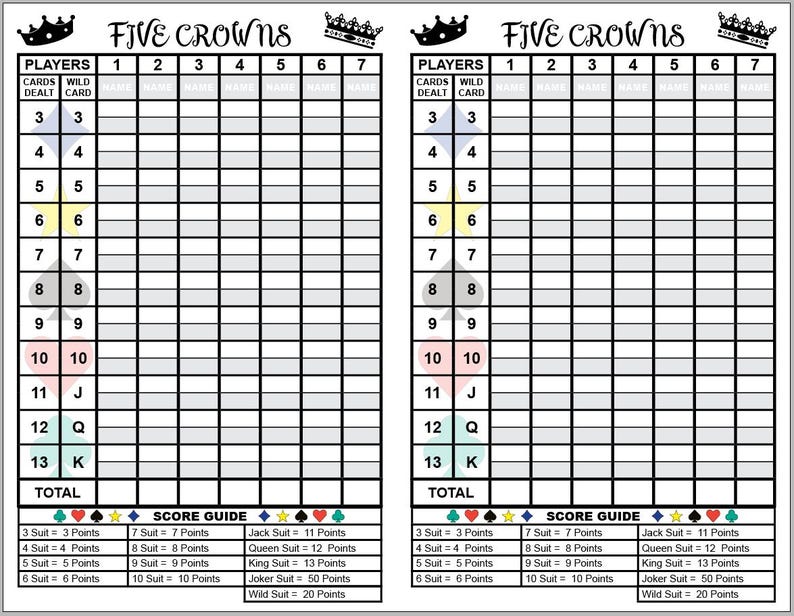 Five Crowns Score Sheet, 5 Crowns, Game Night, Digital Download, 8.5 X ...