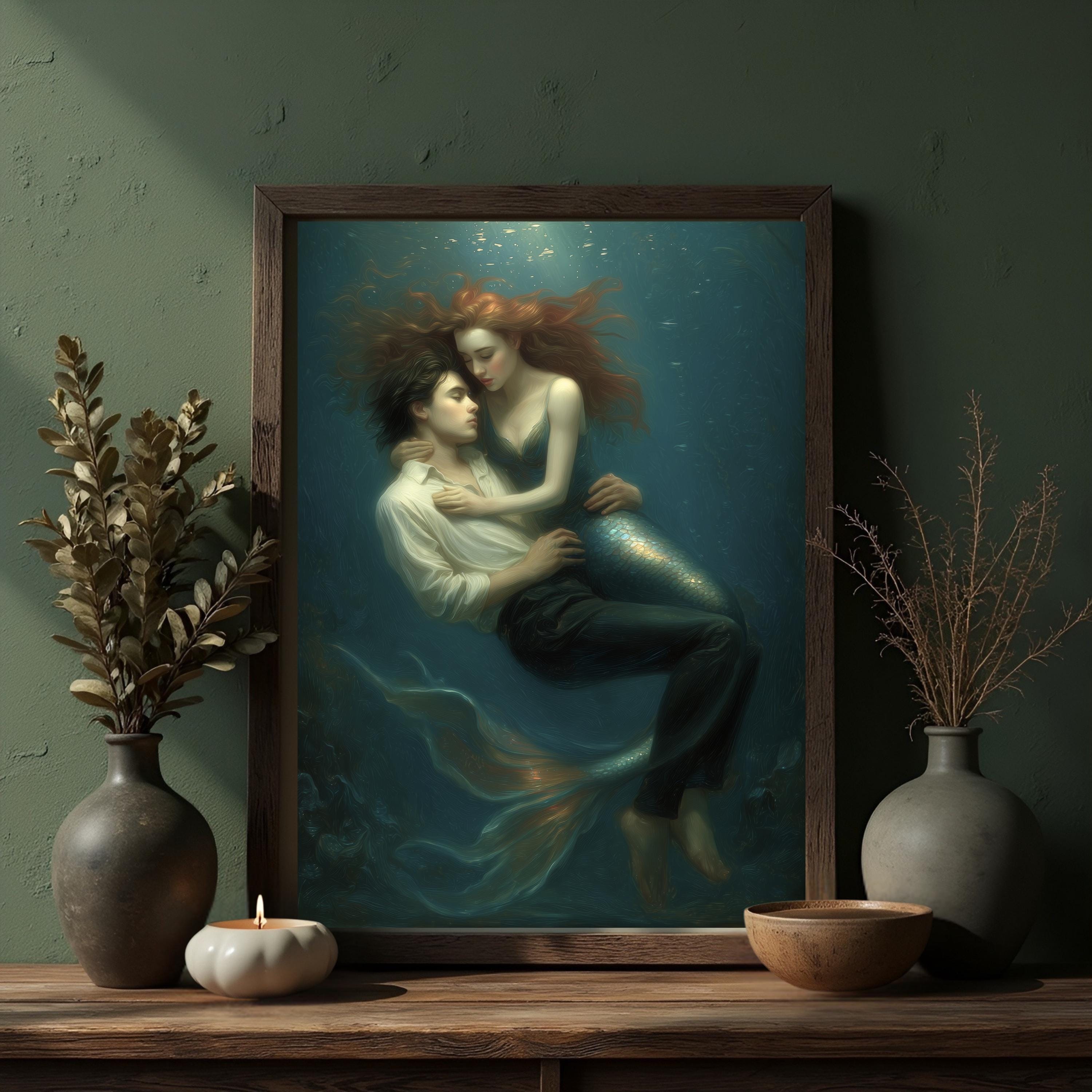 Mermaid & Sailor Painting - Dark Academia Wall Art - Mermaid and Pirate ...