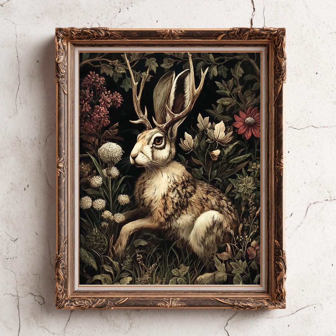 Jackalope Floral Painting - Rabbit Forest Print - Mythical Folklore Art ...