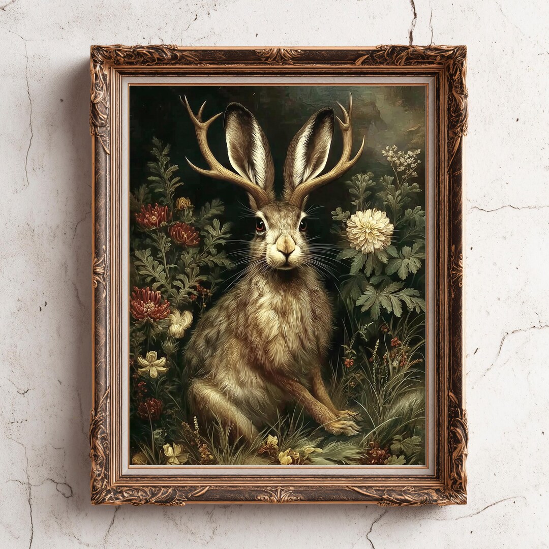 Jackalope Floral Painting - Rabbit Forest Print - Mythical Folklore Art ...