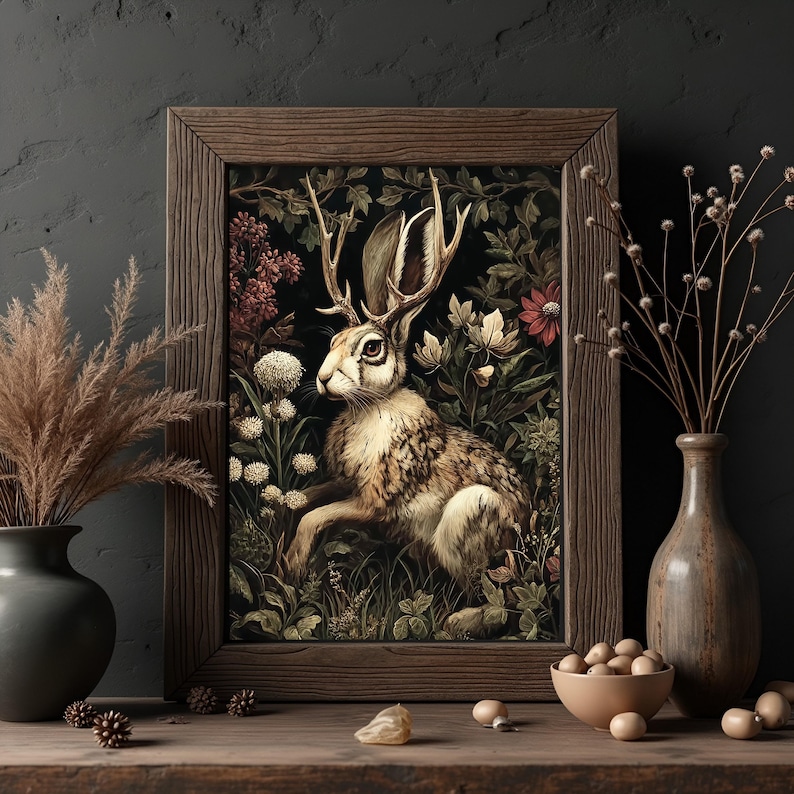 Jackalope Floral Painting - Rabbit Forest Print - Mythical Folklore Art ...