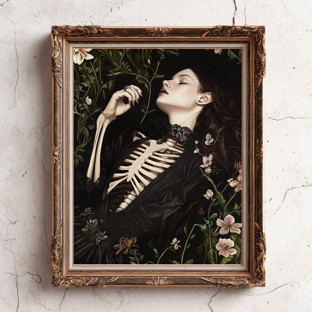 Dark Academia Skeleton Woman Art Print - Gothic Botanical Wall Art ...