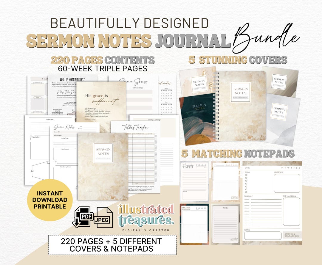 Sermon Notes Journal-neutral, Printable Journal, Digital Bible Study ...