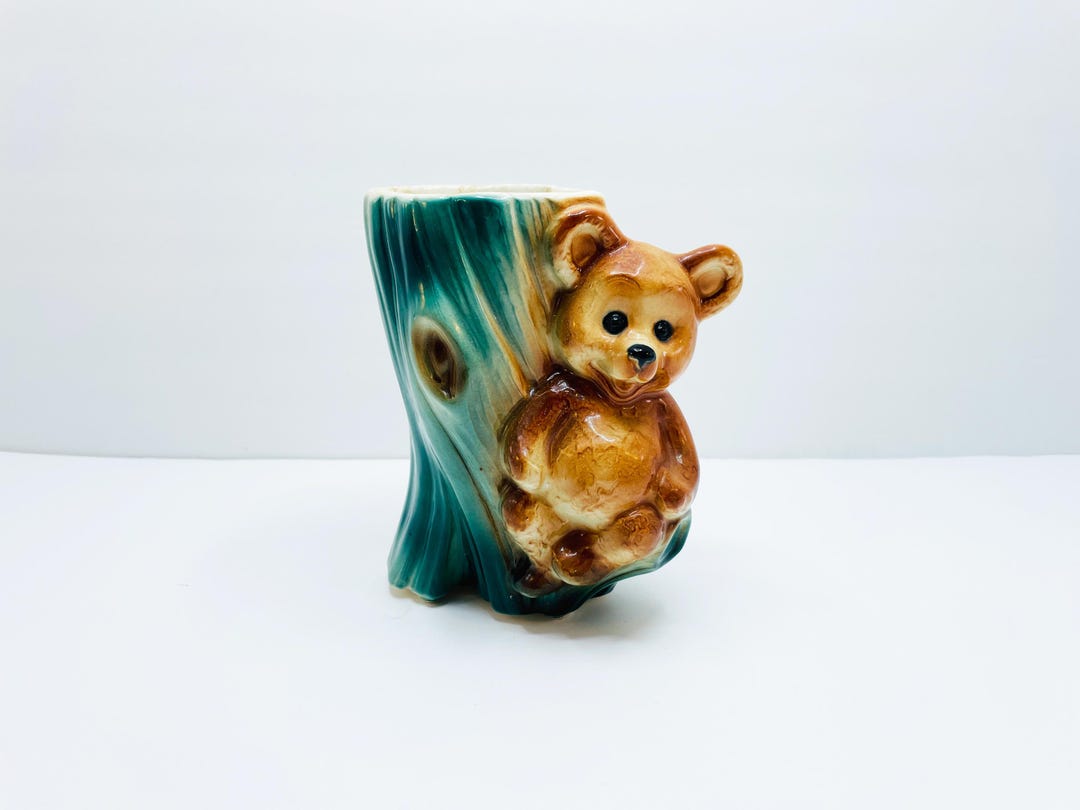 Vintage Royal Copley Pottery Planter Vase Teddy Bear and Tree Stump ...