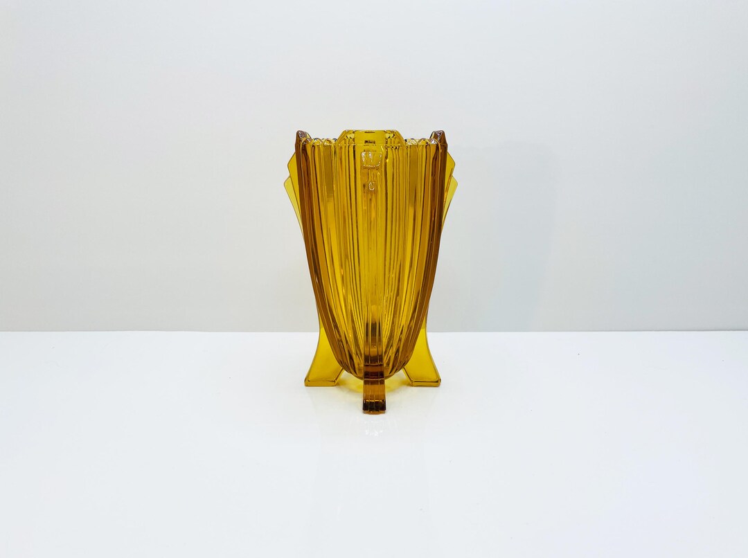 Vintage Art Deco Bagley and Co Vase in Bedford Pattern, Amber Footed ...