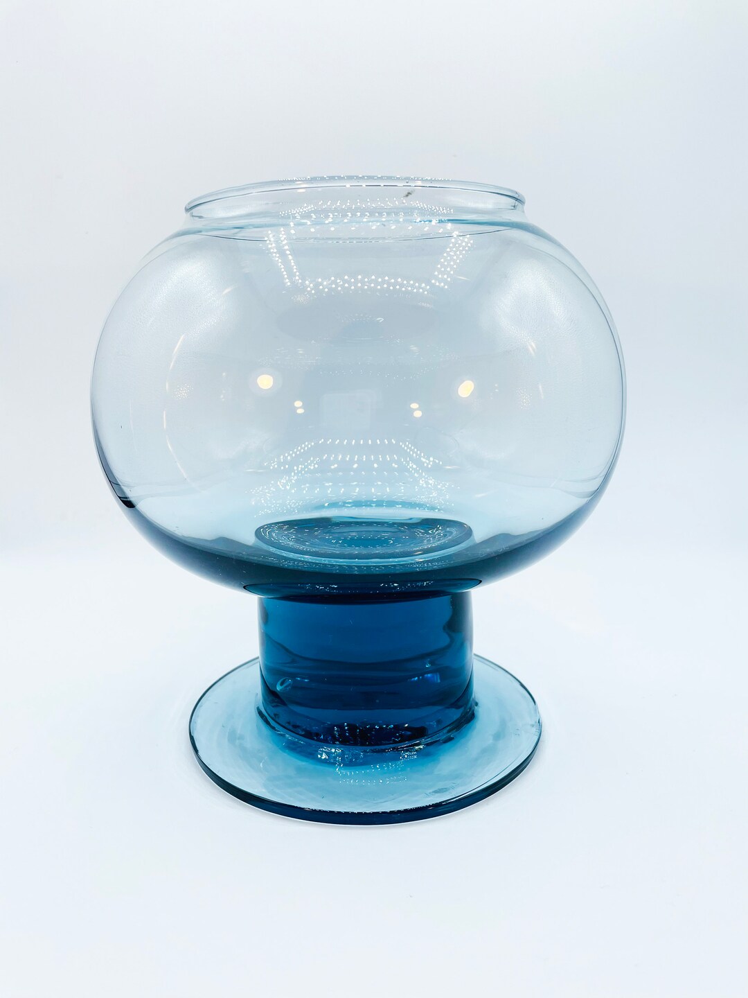 Vintage Mid Century Modern Art Glass Blue Fish Bowl Style Hand Blown ...