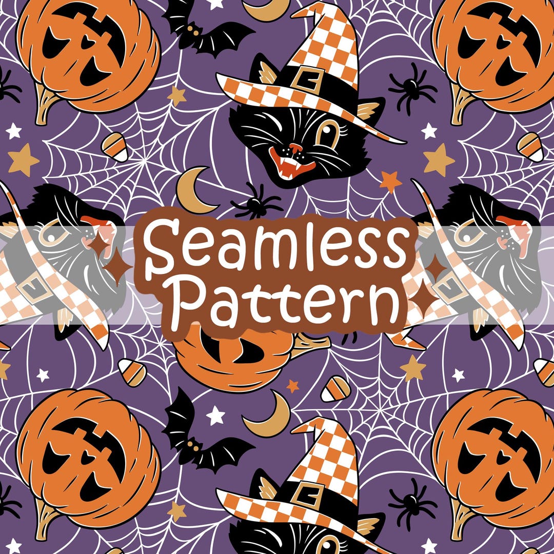 Vintage Halloween Black Cat Seamless Pattern Digital Download ...
