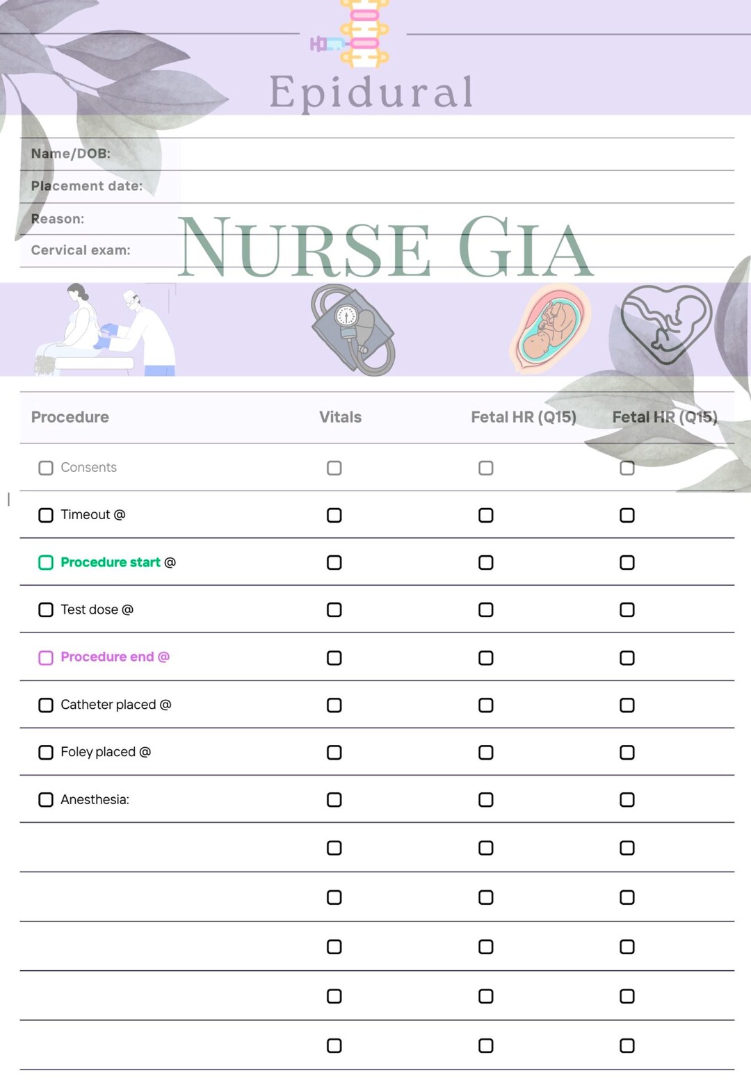 Epidural Nursing Checklist "anesthesia" "instant Download" - Etsy