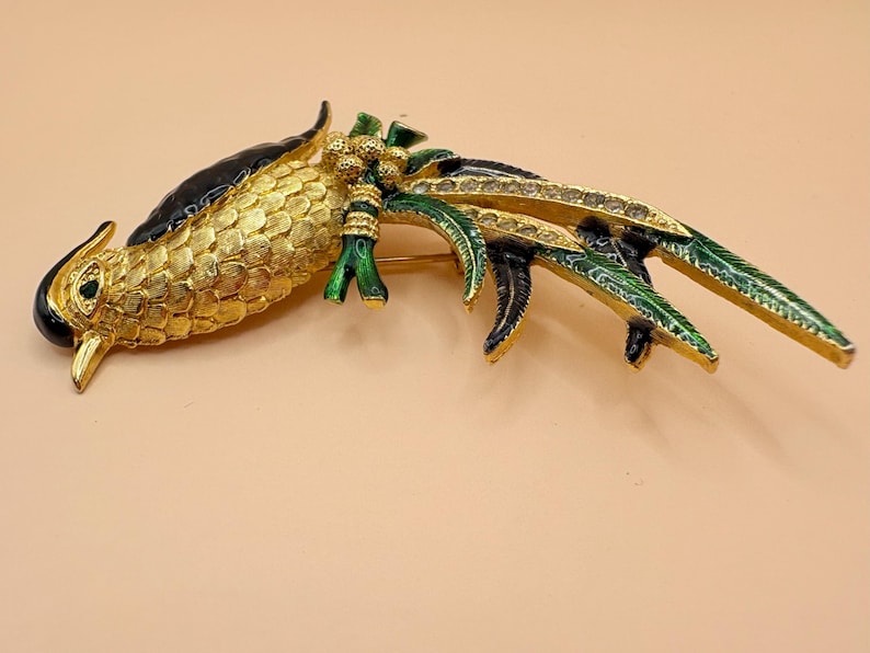Vintage Sphinx Exotic Bird Brooch – Gold-tone, Black & Green Enamel ...