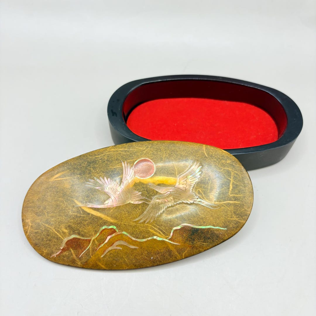 Vintage Chinese Stone Incrusted Box - Mother of Pearl Inlay Cranes ...