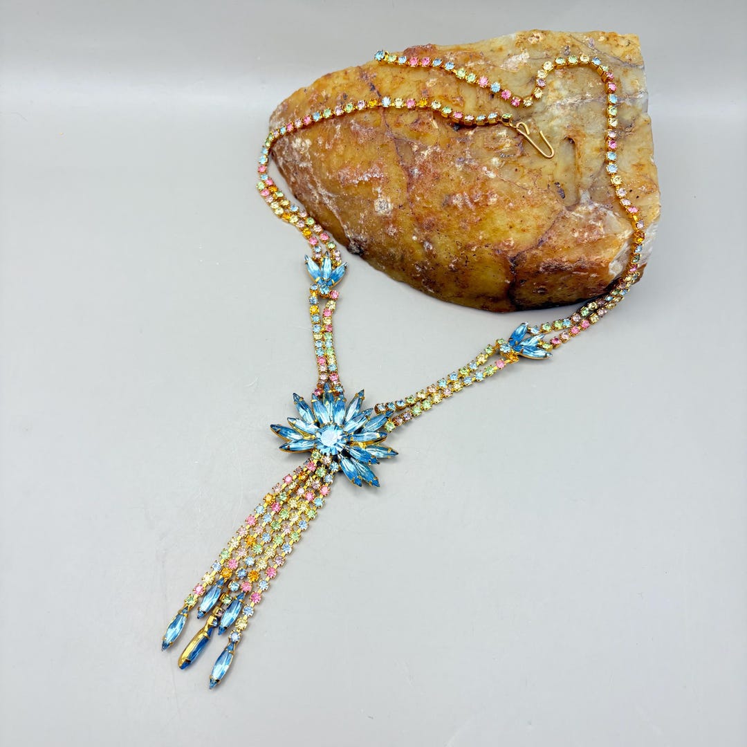 1950s Rhinestone Waterfall Necklace: Pastel Floral Statement Jewelry - Etsy