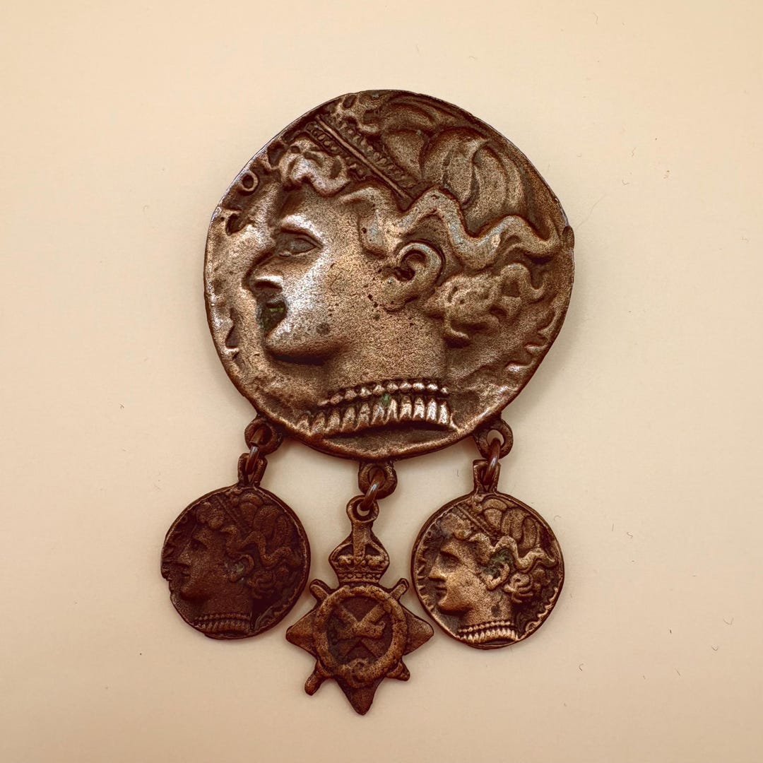 Vintage Ancient Greco Roman Bronze Tone Coin Pin Brooch - Etsy