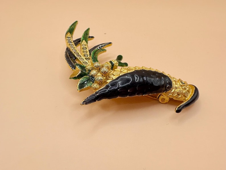 Vintage Sphinx Exotic Bird Brooch – Gold-tone, Black & Green Enamel ...
