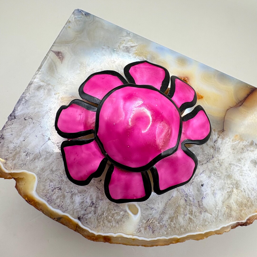 Vintage Sandor Enameled Pink Flower Brooch, Hand Painted Avant Garde ...