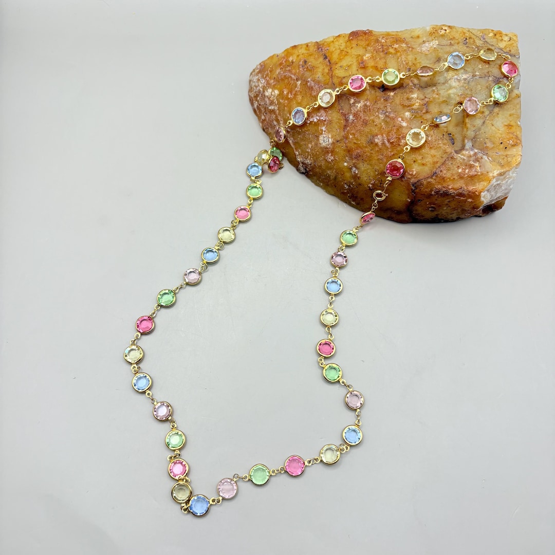 Vintage Austrian Crystal Station Necklace: Rainbow Bezel-set on Gold ...