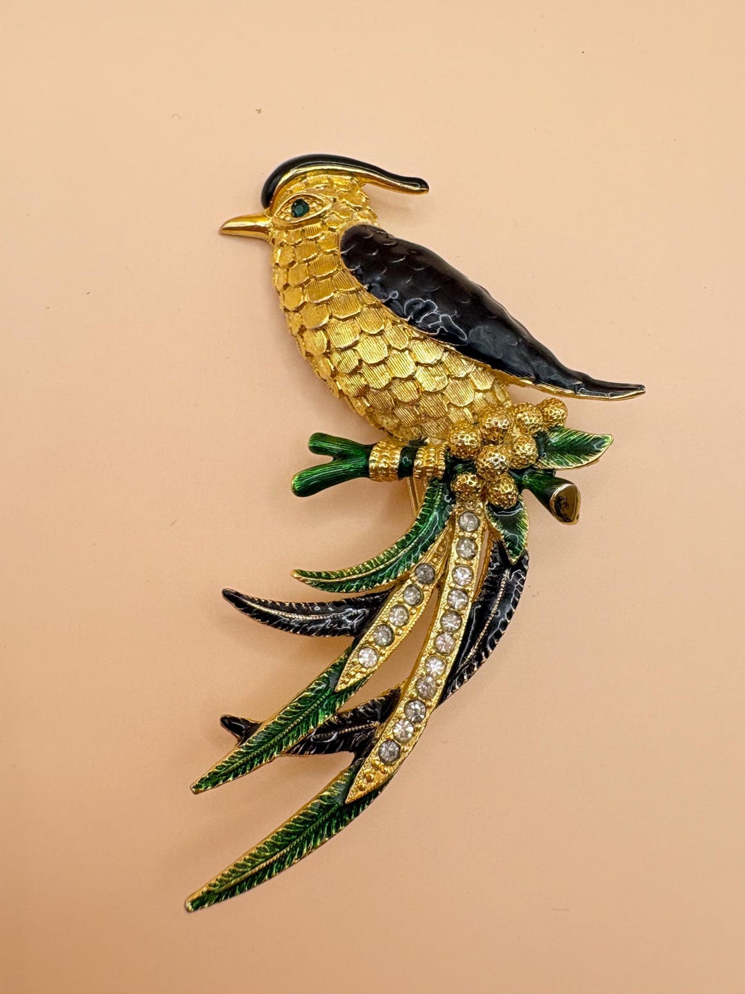 Vintage Sphinx Exotic Bird Brooch – Gold-tone, Black & Green Enamel ...