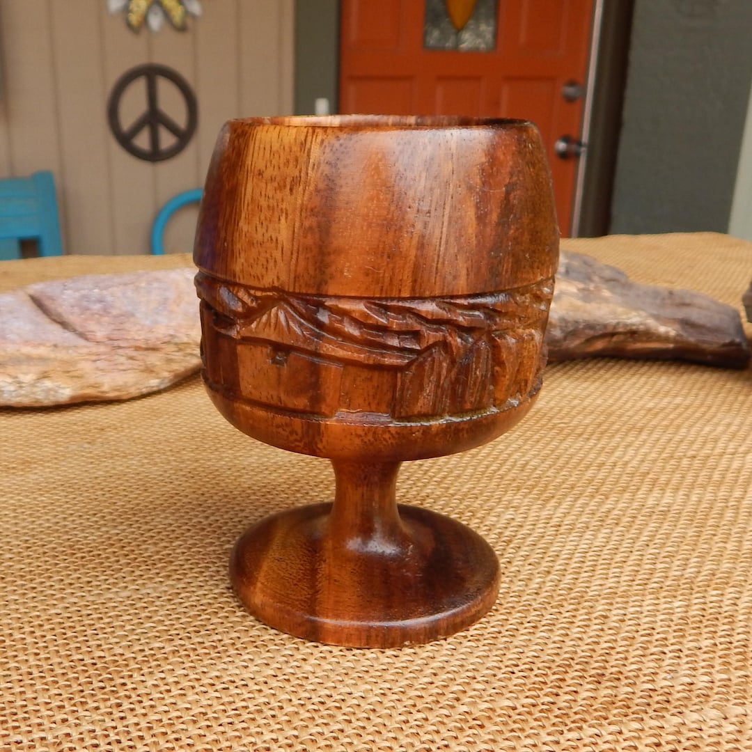 Hand Carved Small Wood Goblet ~ Hand Carved Village Scene on Wood ...