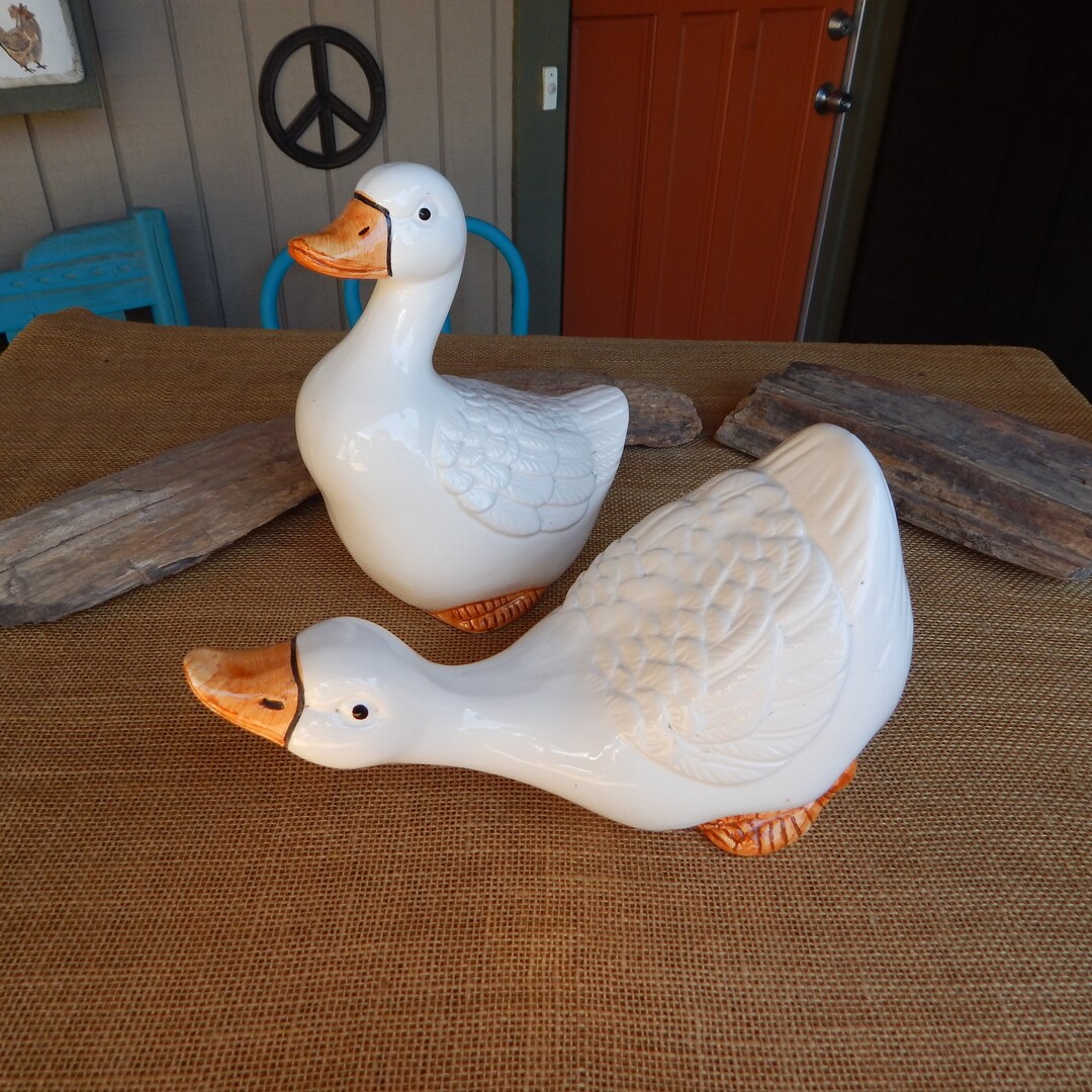 2 Large Hand Painted Ceramic Ducks ~ Pair of White Ducks With Yellow ...