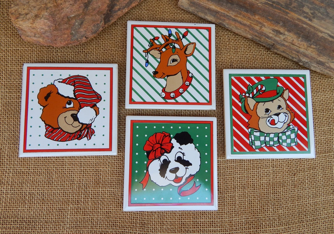 4 Christmas Animal Tiles ~ 4 1/4" X 4 1/4" ~ Christmas Themed Tiles ...