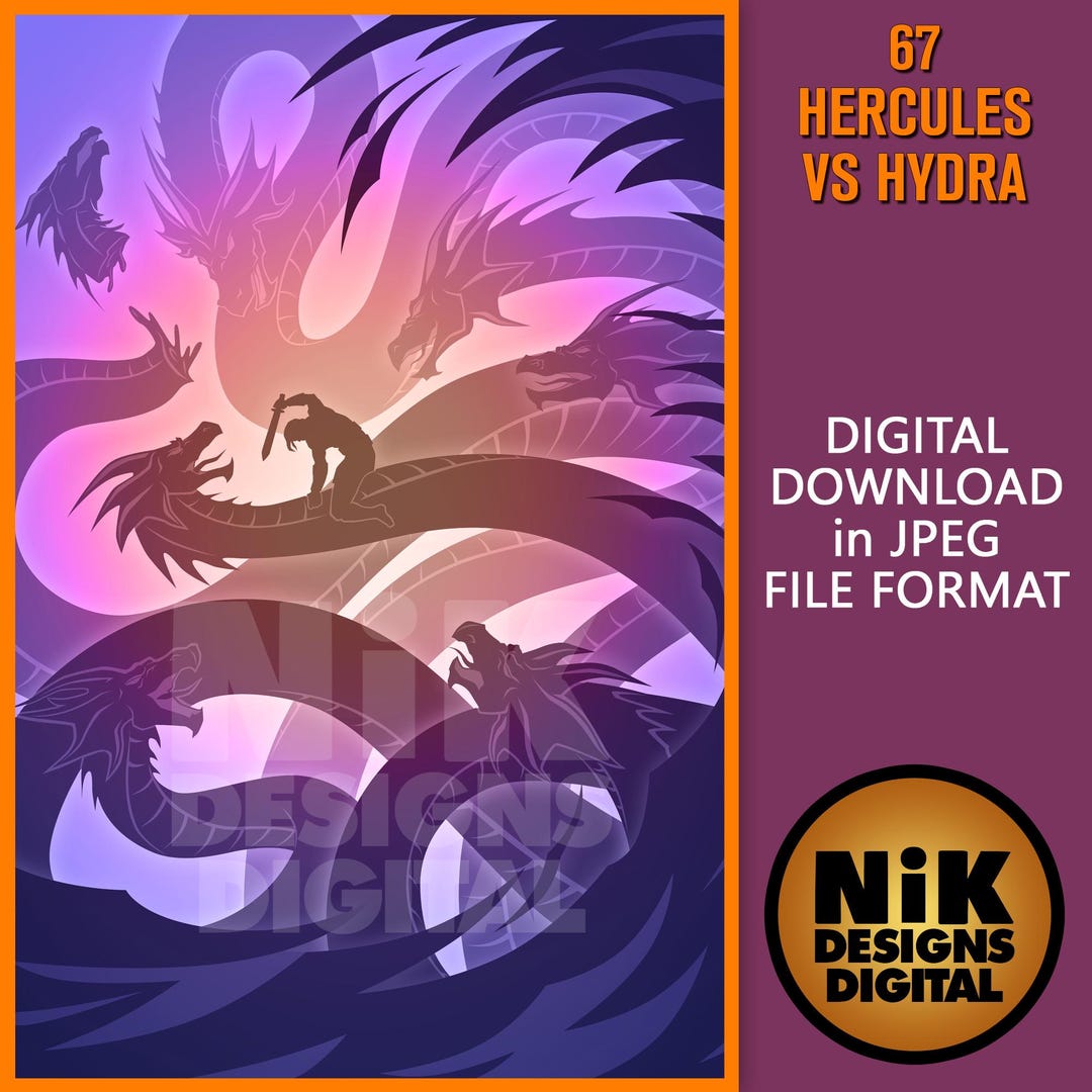 067_HERCULES VS HYDRA digital Wall Art, Silhouette Art, Hydra, Mythical, Fantasy Landscape ...