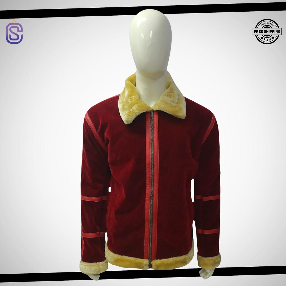 Men's Handmade Santa Red Suede Jacket | Christmas Bomber Shearling Red ...