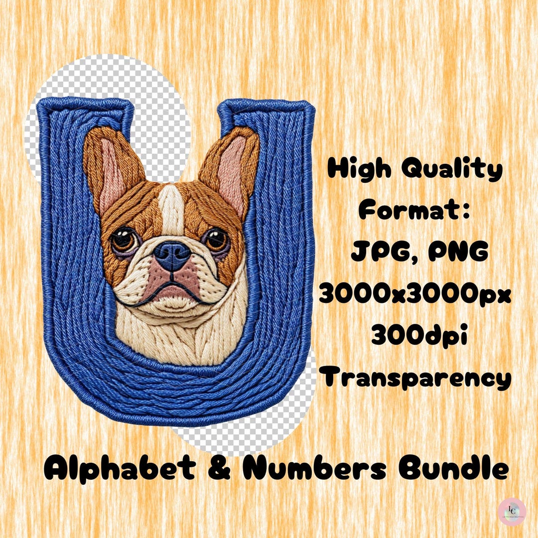French Bulldog Alphabet Numbers Bundle Embroidery Style Letters Numbers ...