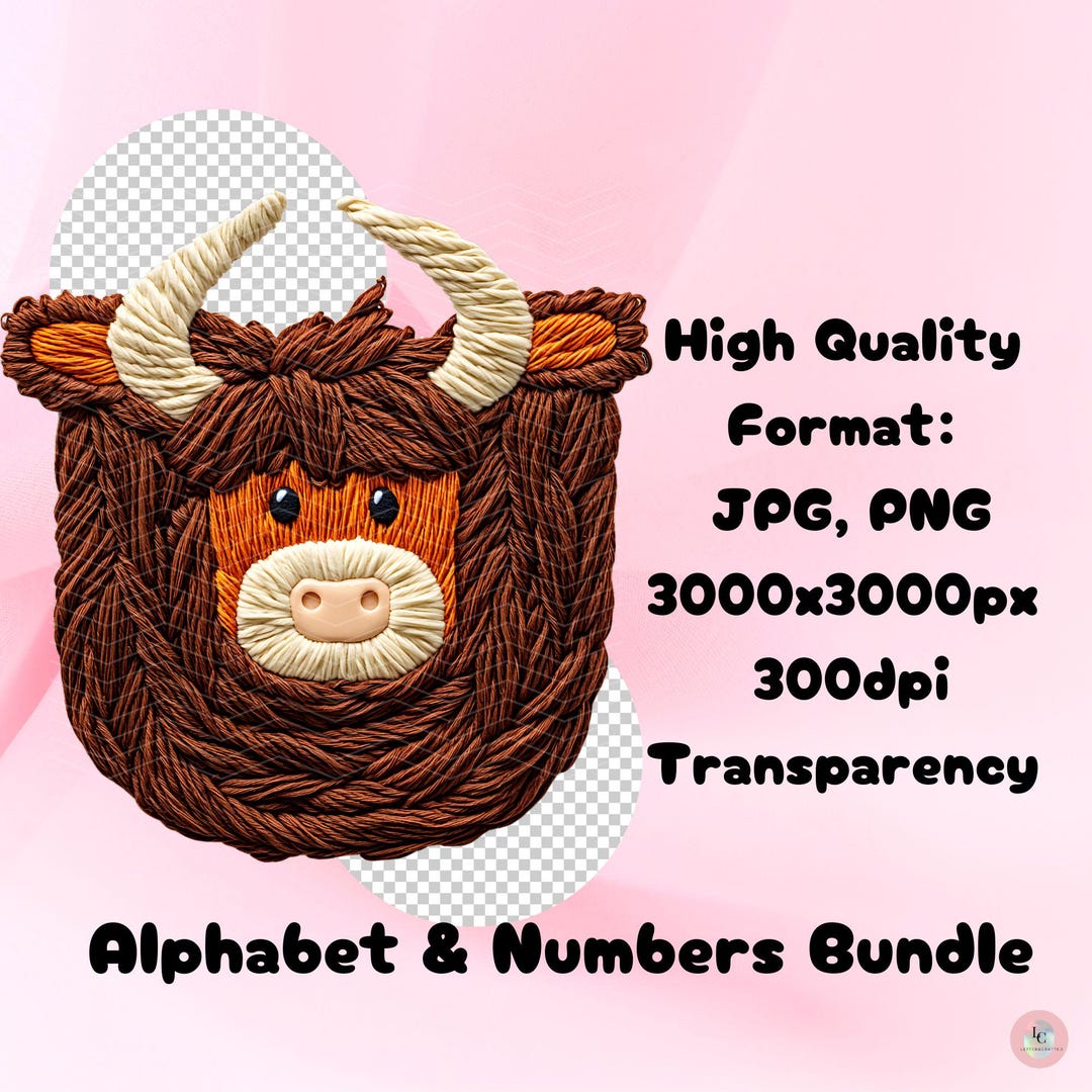 Highland Cow Alphabet Numbers Bundle Embroidery-style Letters PNG JPG ...