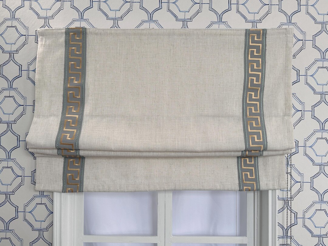 Linen Colored Cotton Linen Roman Blinds With Blue Ribbon, Blackout ...