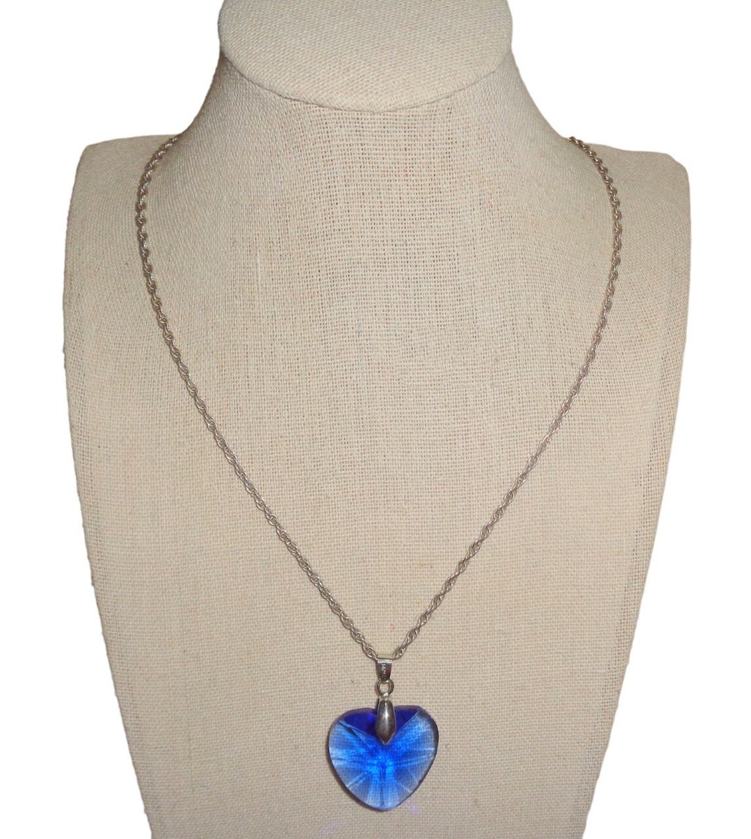 Transparent Blue Faceted Crystal Heart Pendant 18KGP Bail Rope Chain ...