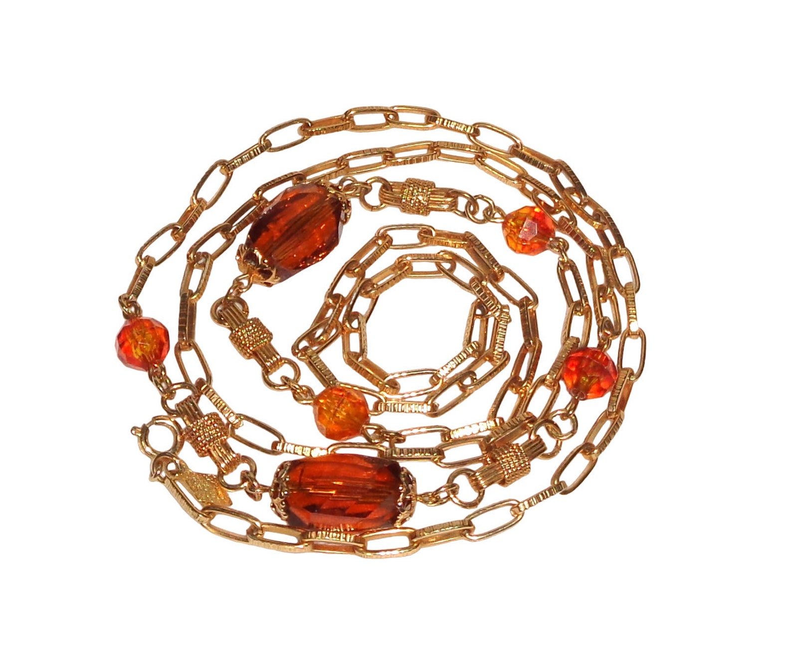 Vtg 70s Signed Sarah Cov Gold Amber Tone Long 36 Chain Faceted Bead ...