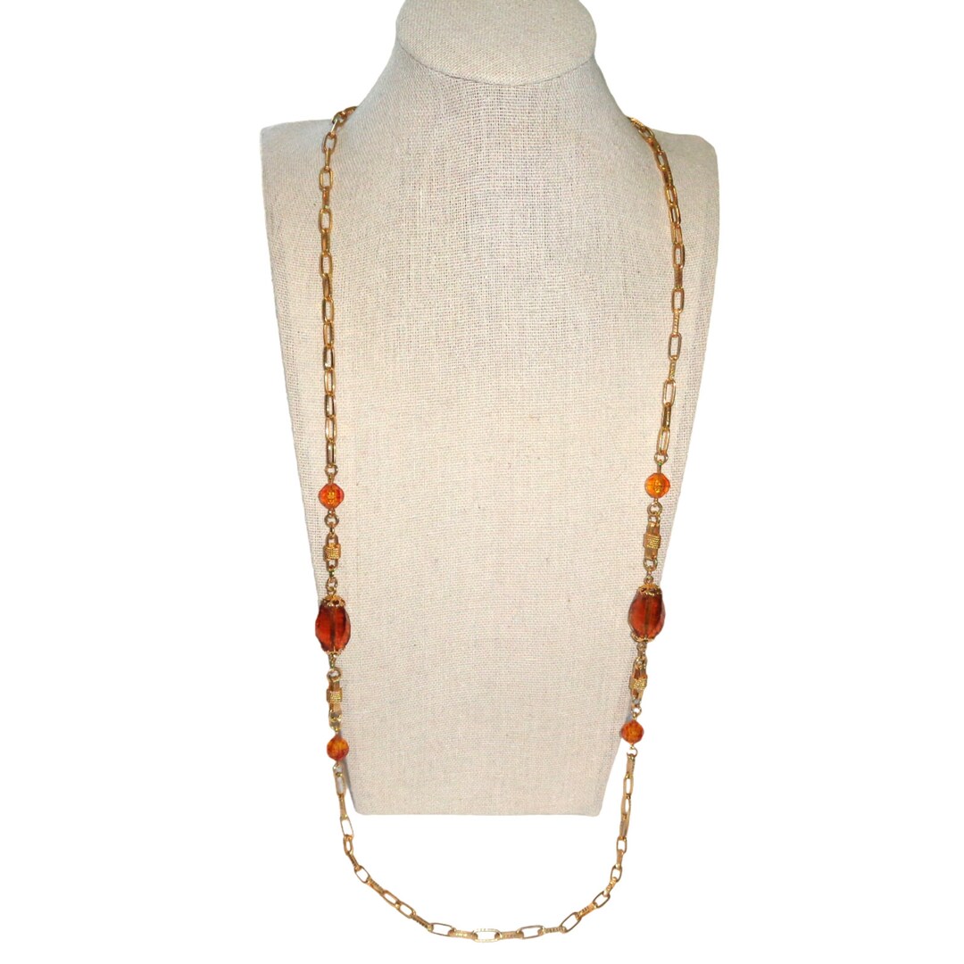 Vtg 70s Signed Sarah Cov Gold Amber Tone Long 36 Chain Faceted Bead ...