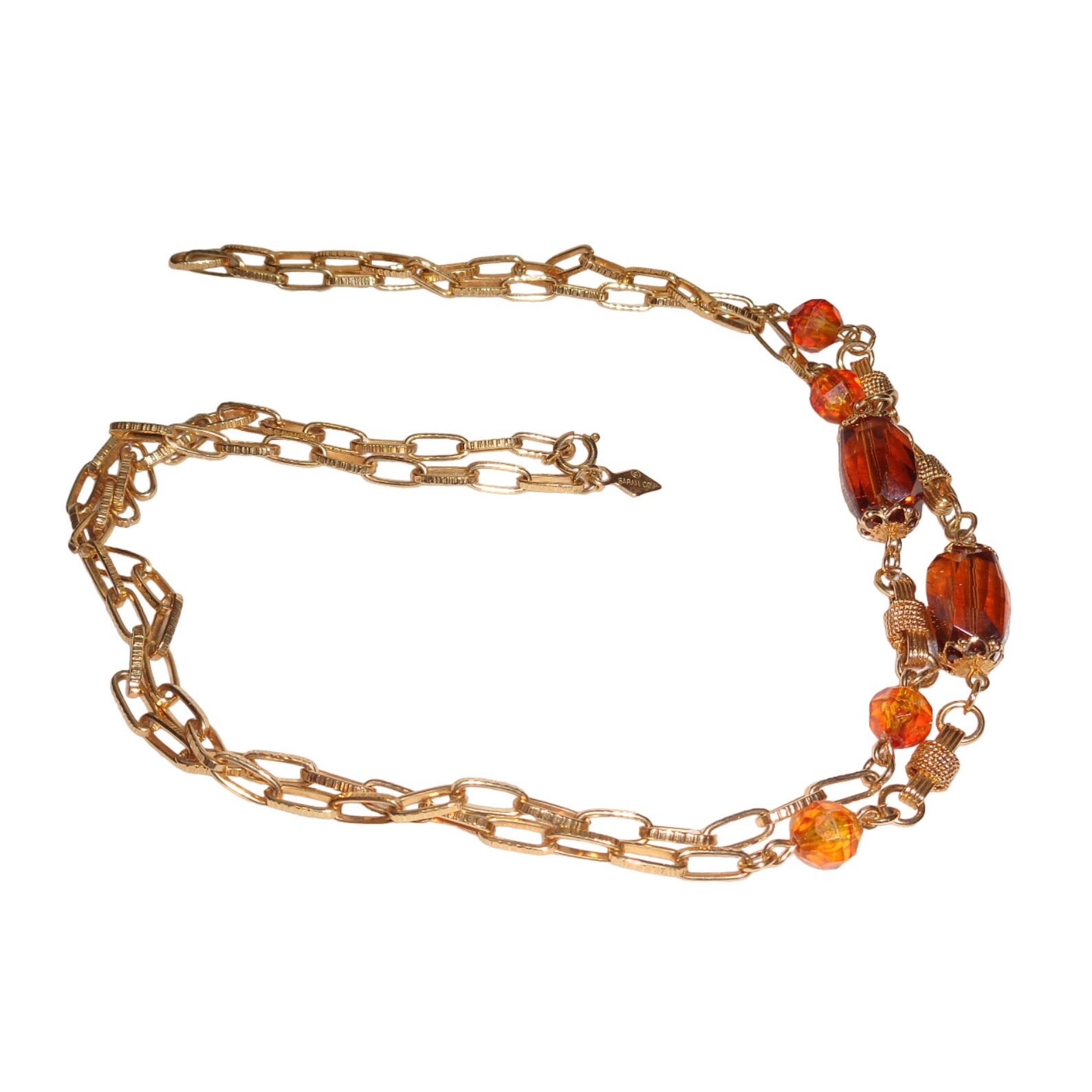 Vtg 70s Signed Sarah Cov Gold Amber Tone Long 36 Chain Faceted Bead ...