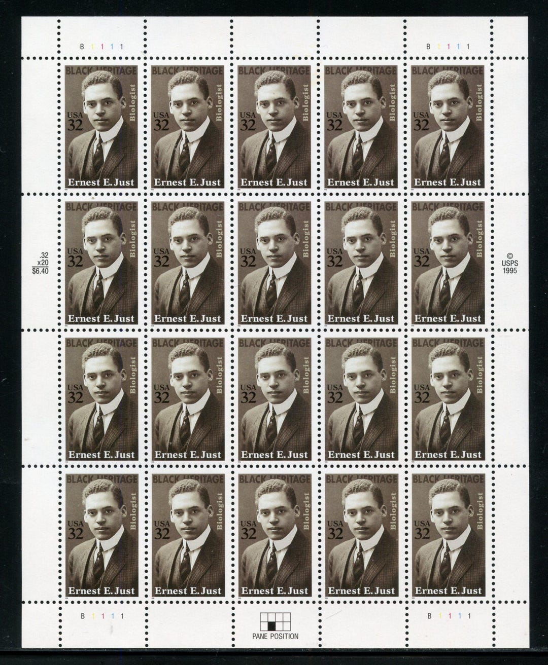 Ernest E. Just 1996 32-cent (sheet of 20) US Postage Stamps Scott #3058 ...