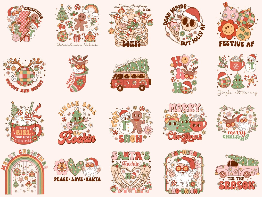 Retro Christmas Clipart Bundle, Groovy Christmas Png, Christmas Png ...