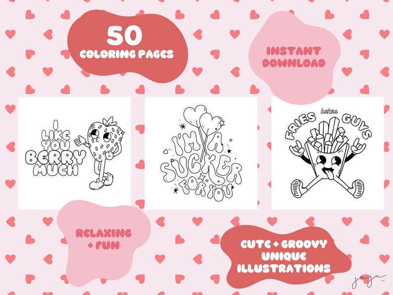 Cozy Groovy Love Valentines Coloring Pages, 50 Cute and Groovy Illustrations, Printable PDF ...