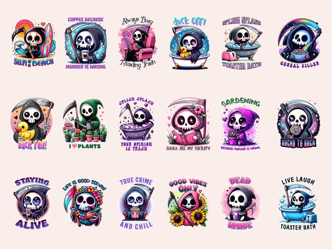 Cute Grim Reaper Png Bundle, Trendy Halloween Grim Reaper Png, Skeleton ...