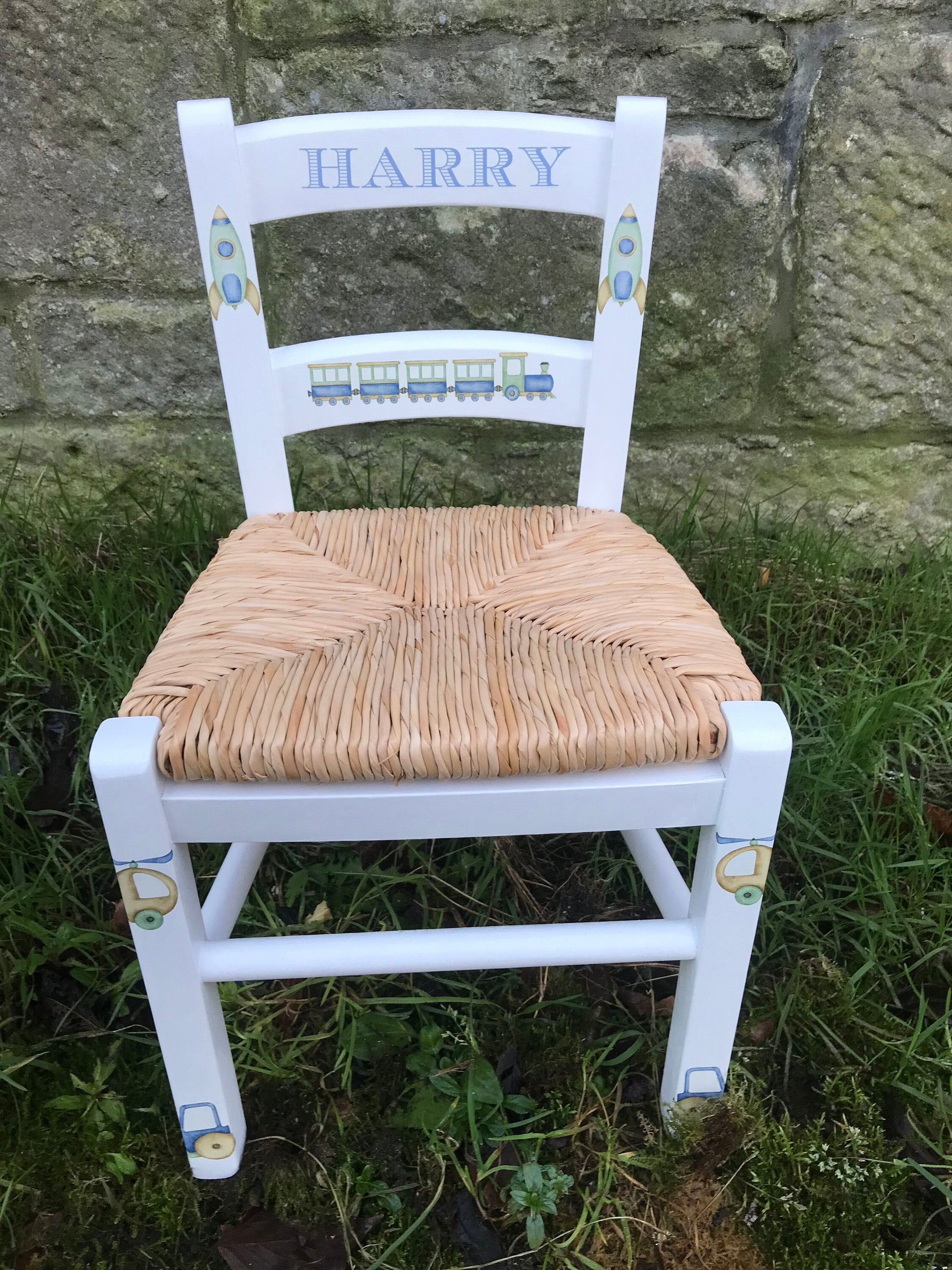 Rush Seat Personalised Children s Chair Transport Theme Made to Order Etsy Canada