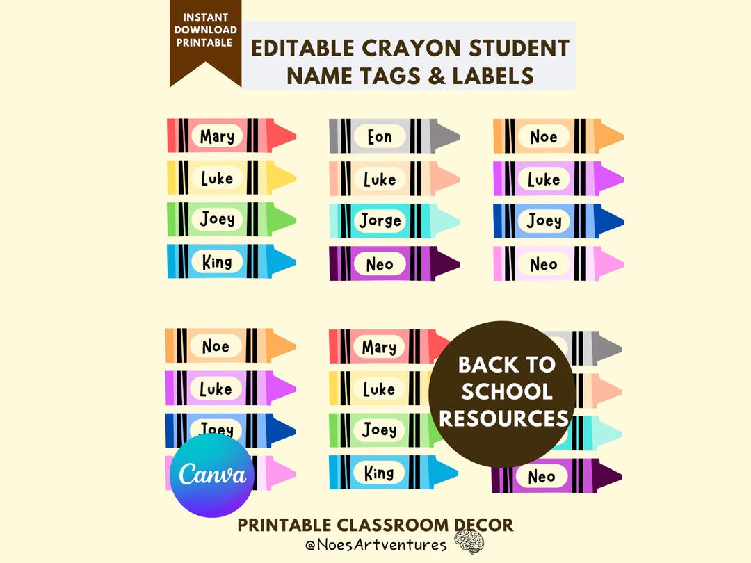 Editable Crayon Student Name Tags Labels Printable Classroom Decor for ...