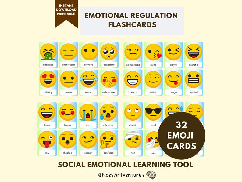 Emoji Feelings Flashcards Emotional Regulation for SEL Therapy 32 ...